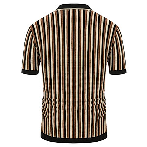 Mens 1950s Striped Polo Shirts Vintage Short Sleeve Button Down Polos 70s Italian Stylish Knit Shirt Retro Fashion Clothes Black-Coffe