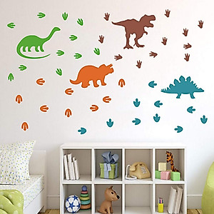 Dinosaurs Wall Decal Dinosaur Footprints&Tracks Stickers Vinyl Wall Art for Boys&Girls Kids Bedroom Nursery Room Wall Decor Murals AG01 (4 Colors Mix)
