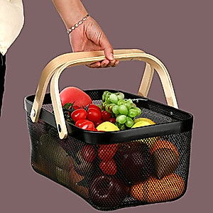 ZEAYEA Mesh Storage Basket with Handle, Garden Harvest Basket, Mesh Fruit Vegetables Gathering Basket Bin, Multi-functional Metal Wire Basket for Kitchen Garden Picnic Cabinet