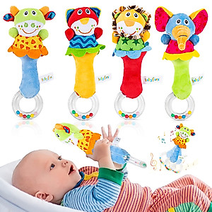 4 Plush Baby Soft Rattle Toys,Fabric Ring Rattles Shaker,Infant Handbells Early Development Hand Grab Sensory Toys,Stuffed Animal for 6 9 12 Months and Newborn Toddler Boy Girl Birthday Gifts