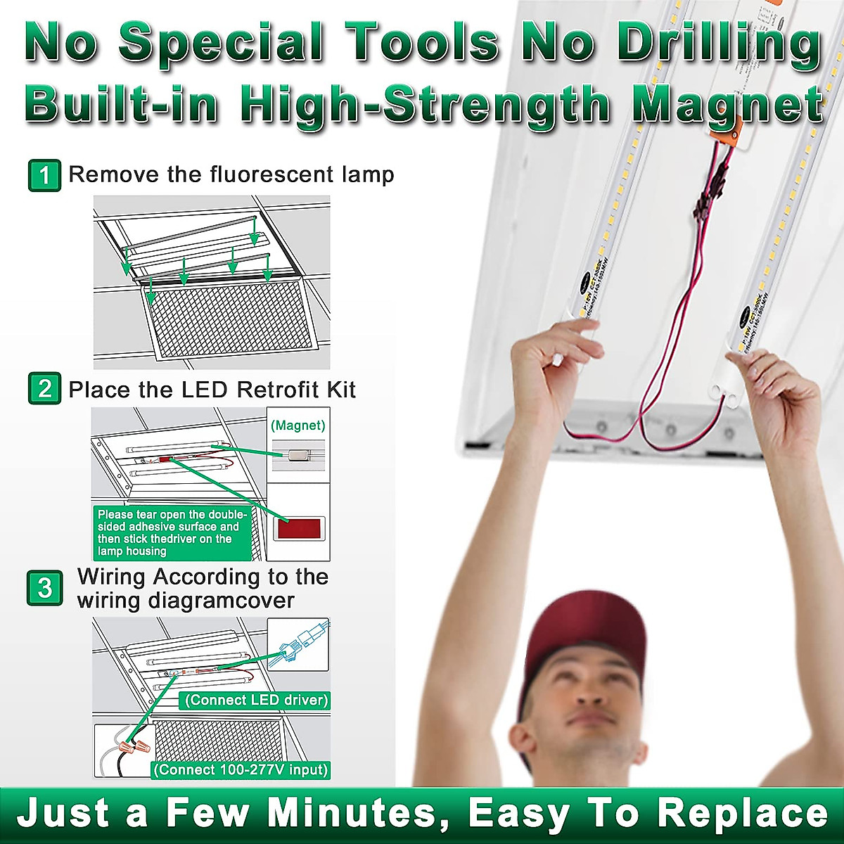 Superiorly 2 Pack Magnetic Mount 4 Foot LED Tube, 36W, 5400LM Super Bright, 5000K Daylight White, Panel Light Retrofit Kit, T8 T10 T12 8 T10 T12 Fluorescent Replacement, Crystal White, Easy to install