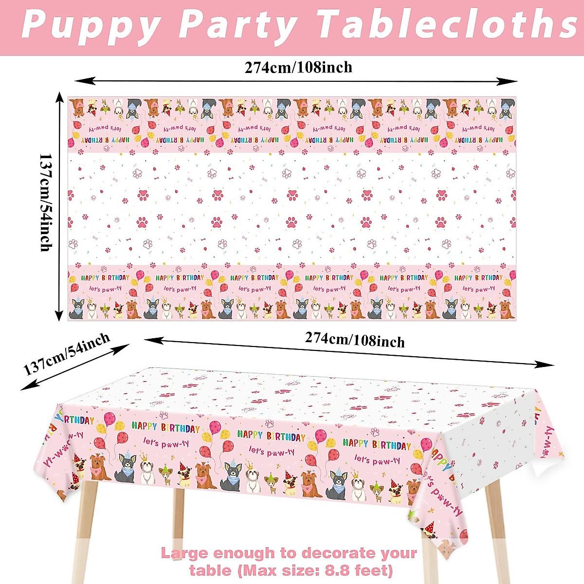 3 Pack Dog Birthday Party Decorations Pet Dog Tablecloths Puppy Table Covers Pink Dog Party Supplies Paw Print Table Decor for Girls Kids Lets Pawty Birthday Baby Shower Party Favor 54 x 108 Inch