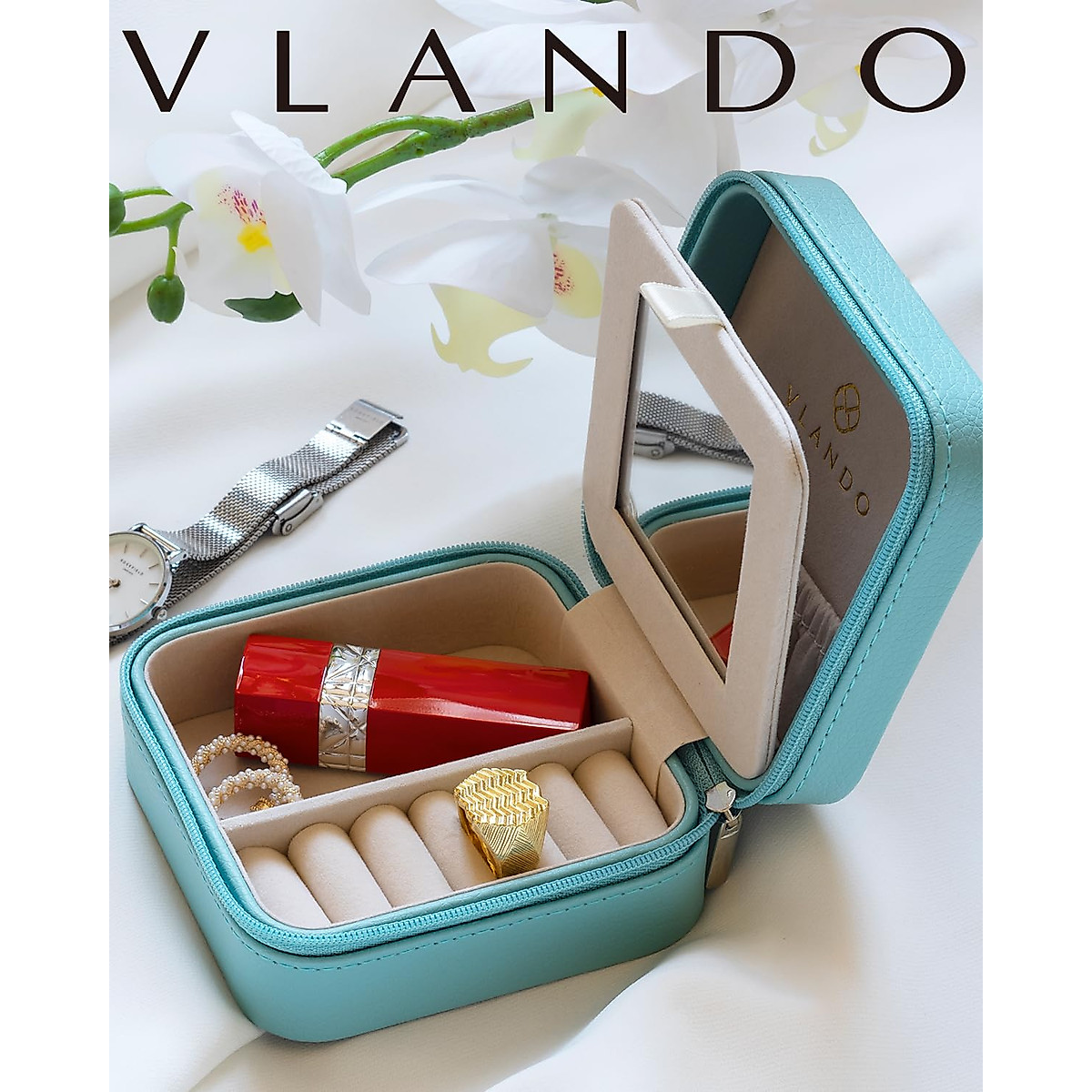 Vlando Small Travel Jewelry Box Organizer Display Storage Case for Rings Earrings Necklace (Blue)