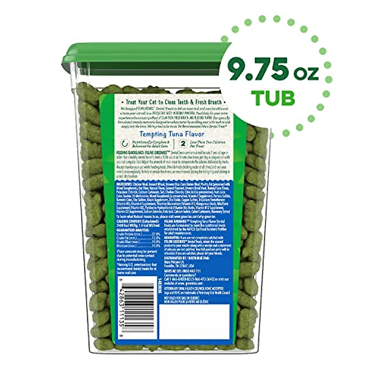 FELINE GREENIES Adult Dental Cat Treats, Tempting Tuna Flavor, 9.75 oz. Tub
