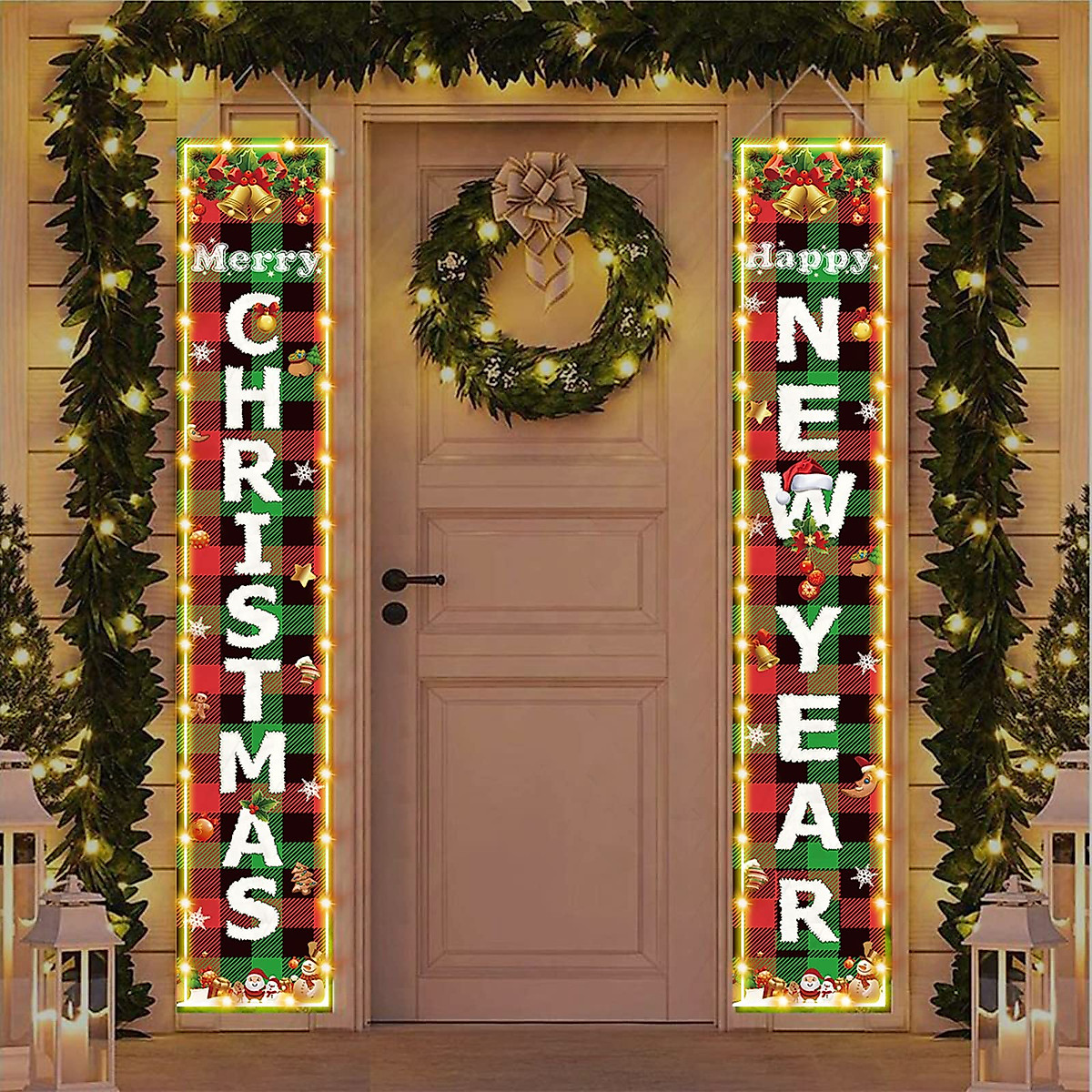 KOKISHIN Christmas Decorations Banner, Merry Christmas Happy New Year Party Decor With string Light for Indoor Outside Front Door Living Room Kitchen Wall Party Sign Decor 72 x 12 Inch