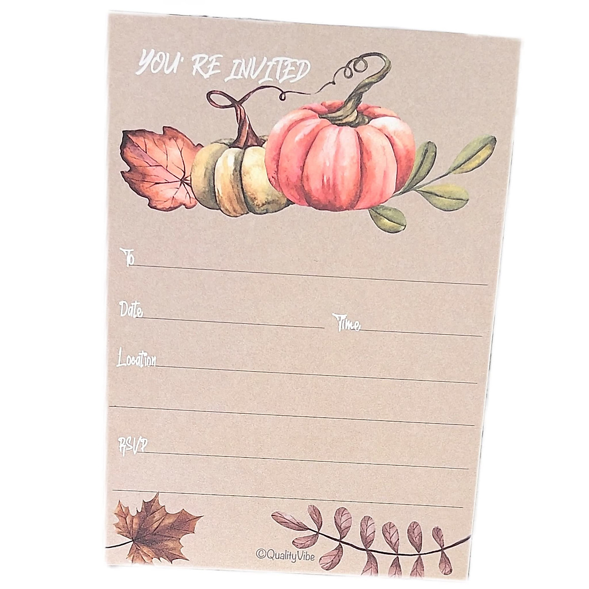 25 Pumpkin Fall Invitations With Envelopes, Bridal Shower, Thanksgiving & Halloween. Thick & Non Coated Cardstock For Use With Any Pen.