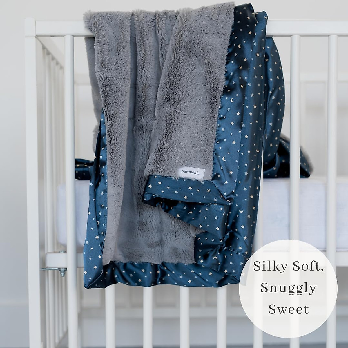 Saranoni Satin Back Receiving Blankets for Babies Super Soft Lush Luxury Baby Blanket (Gray Lush Navy Twinkle Star Satin Back, Receiving Blanket 30" x 40")
