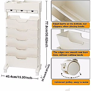 6 Tier Rolling Utility Cart,Multi-Functional Movable Storage Book Shelves With Lockable,Mobile Bookshelf Unique Bookcase Rolling Storage Cart,For Study Office Kitchen Classroom,Without drawer,C