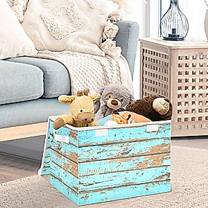 CaTaKu Blue Beach Wooden Storage Bins with Lids Fabric Large Storage Container Cube Basket with Handle Decorative Storage Boxes for Organizing Clothes Shelves