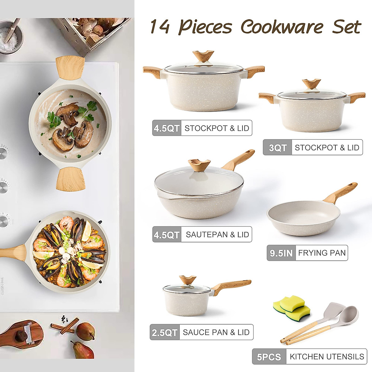 Caannasweis Nonstick Pots and Pans Set, Beige Granite Induction Kitchen Cookware Sets, 14 Pieces Non Stick Cooking Set, Large Capacity Saute Pan, PFOA Free