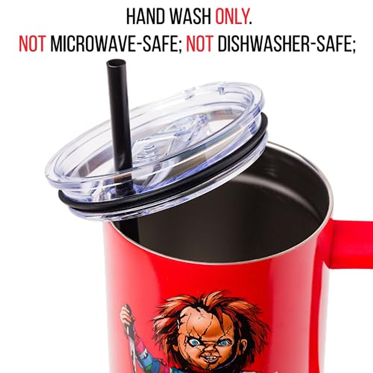 Silver Buffalo Chucky Wanna Play Stainless Steel Tumbler with Handle and Straw, Fits in Standard Cup Holder, 40 Ounces
