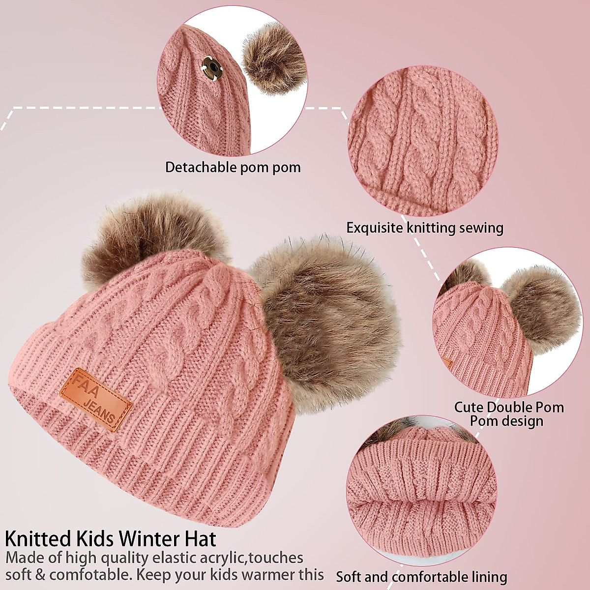 Kids Winter Beanie Hat Scarf Gloves Set, Toddlers Knit Winter Warm Double Pompom Cap Scarf Gloves for 1-5 Years Old (Pink)