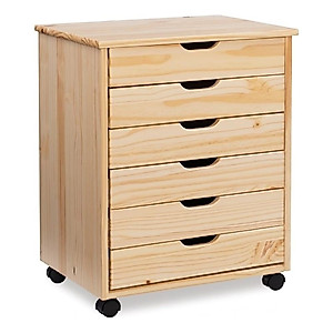 Linon Callie Multipurpose Six Drawer Dresser Wide Wood Rolling File Cabinet Storage Cart in Natural