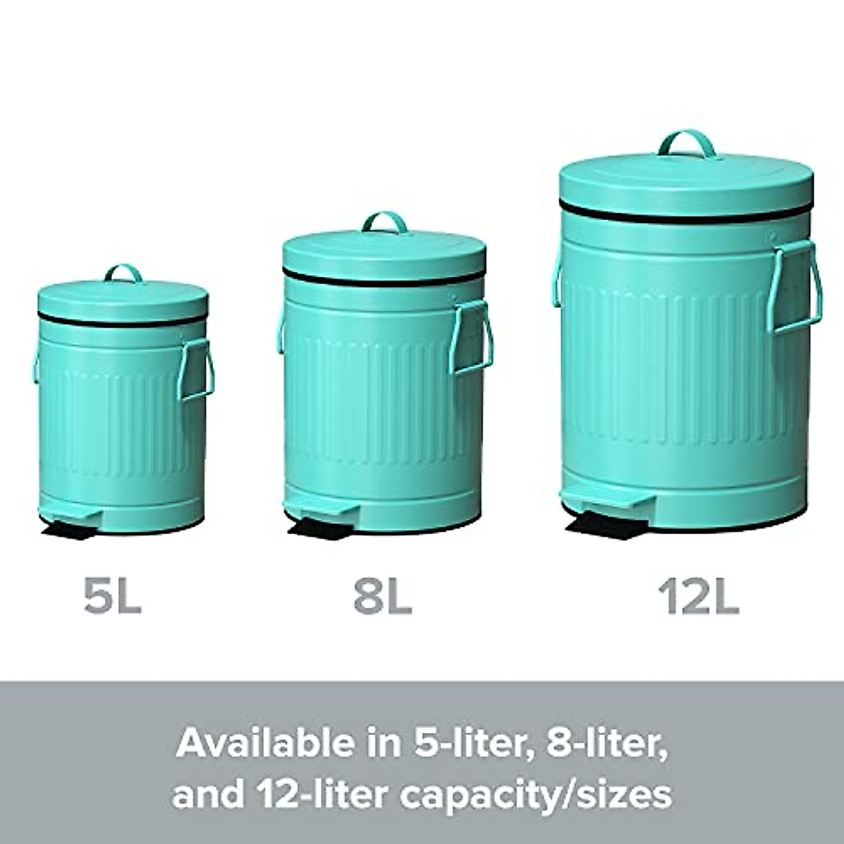 Retro Trash Can with Lid - 5L/1.3 Gal Step Trash Can w/ Soft Closing Lid - Round Garbage Can w/ Handles - Touchless Trash Can w/ Removable Garbage Guard Bucket - Outdoor Garbage Can - Large Trash Can, Teal