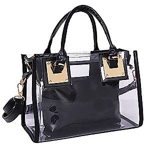 Cooba 2Pcs Women Clear Jelly Tote Beach Crossbody Transparent Messenger Shoulder Bag Handbag, Black, One_Size
