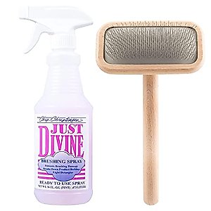 Chris Christensen Grooming Bundle - Just Divine Ready to Use Brushing Spray for Dogs, Prevents Brushing Damage, Light Detangler - Mark II Small Slicker Dog Brush, Round Ground Stainless Steel Pins