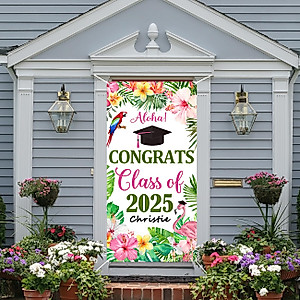 Luau Graduation Decorations Aloha Congrats Class of 2023 Door Cover Personalized Name Senior 2023 Graduation Banner Backdrop for Hawaiian Tropical Grad Themed Party Supplies with A Gift Pen