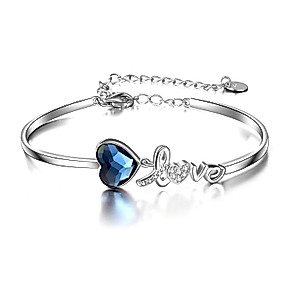 AOBOCO I Love You Jewelry Sterling Silver Love Heart Bangle Bracelet for Women, Blue Crystal from Austria, White Gold Plated, Anniversary Birthday Jewelry Gifts for Wife Girlfriend Daughter