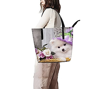 Shoulder Bag Tote Bags for Women Pomeranian Puppy Leather Shopper Work Handbags Large Casual Bag