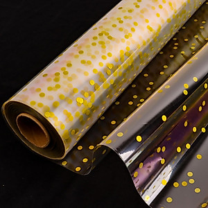 CMFYHM Clear Cellophane Wrap Roll(34" x 120’Ft) 3Mil Gold Polka Dot Cellophane Roll, Cellophane Roll, Gift Wrap Roll, Cellophane Wrap for Gifts, Baskets, Flowers, Party Decorations