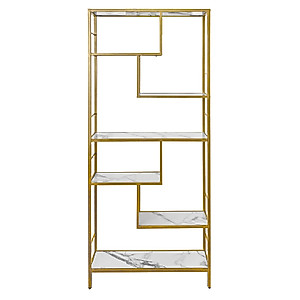 AT-VALY 6 Tier Bookcase Bookshelf, 72.4”Tall Modern Freestanding Bookshelf with 6 Shelves, Faux Marble Open Display Storage Book Shelves for Living Room Bedroom Home Office (Gold)