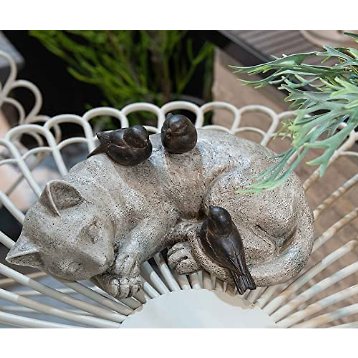 LC LCdecohome Sleeping Cat Garden Statues Outdoor - Sparrows On Cat Figurine 12" x 8" x 4.5"