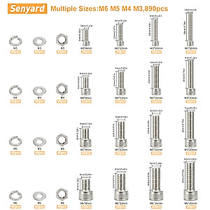 890pcs M6 M5 M4 M3 Metric Screw Assortment,Metric Bolts and Nuts Kit（with Lock&Flat washers・Wrenches） Socket Head Cap Screws 304 Stainless Steel Hex Head Metric Screws Assortment Set with Case