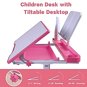 Napfox Desk for Kids Desk and Chair Set Kids Art Desk Drafting Table Desk Set with Adjustable Height, 40-Degree Tiltable Children Desktop, LED Light,Bookstand,Pink