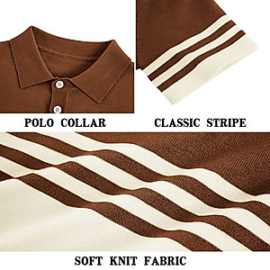 Boys Short Sleeve Polo Shirt, Button Closure, Knit Stretch Stripe T-Shirts for Kids and Teens 5-14 Years Brown