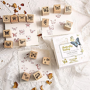 Tvoip 16 Pcs Wooden Rubber Stamp Set, Vintage Butterfly Scrapbooking Stamps Junk Journal DIY Craft Wooden Rubber Stamps Set for Scrapbook Album Diary Seal Stamps