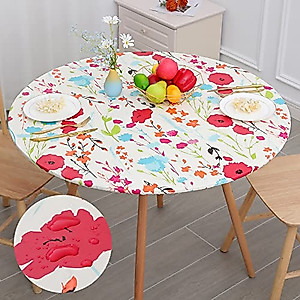 misaya Round Fitted Tablecloth with Elastic Edge, 100% Waterproof Oil Proof Plastic Table Cover, Vinyl Flannel Backed Table Cloth Fits 36"-44" Round Tables for Dinner, Outdoor, Picnic, Flowers