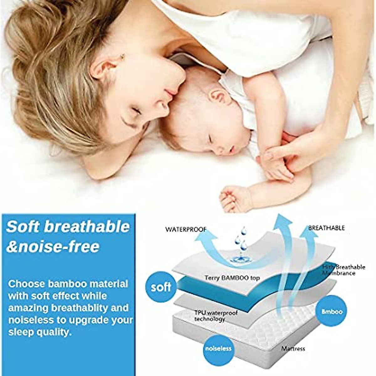 King Size Cooling Waterproof Mattress Protector Pad Cover,Bamboo Terry Top Breathable Fitted Sheet Style Deep Pocket-Noiseless,Vinyl,PVC Free,Matressprotector King for Pets Kids Adults