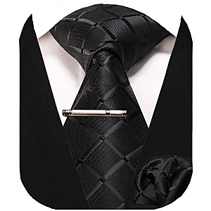 JEMYGINS Plaid Black Tie and Pocket Square Hankerchief Mens Silk Necktie with Tie Clip Sets(2)