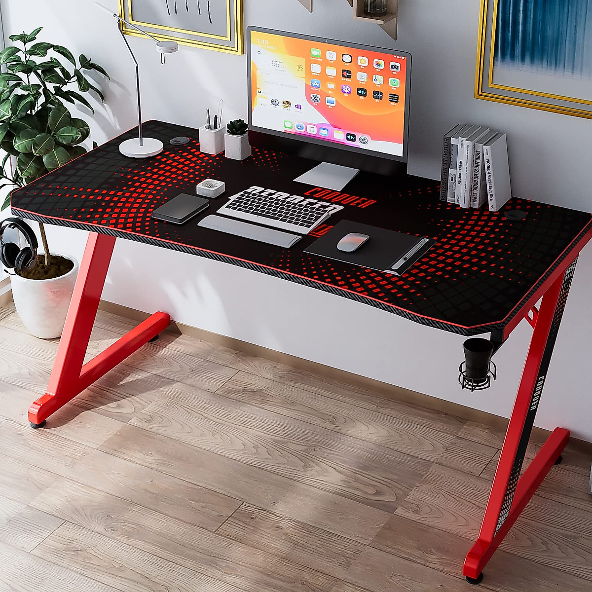 Devoko Gaming Desk Computer Gaming Desk Z-Shaped Pc Gaming Desk with Carben Fiber Surface Gamer Desk with Free Mouse Pad Home Office Desk with Cup Holder and Headphone Hook (55 inch, Red)
