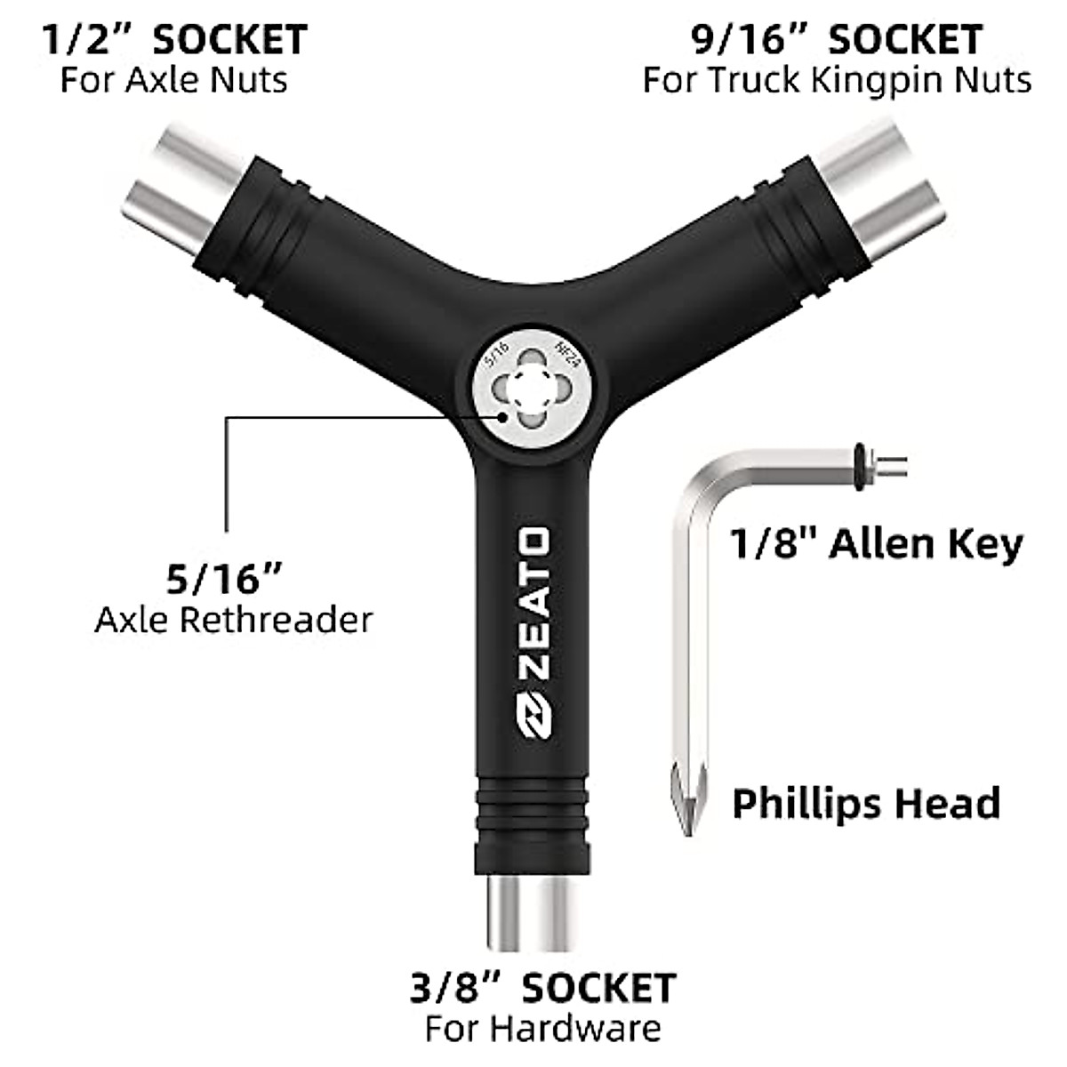 Zeato All-in-One Skate Tools Multi-Function Portable Skateboard Y Tool Accessory with Y-Type Allen Key and L-Type Phillips Head Wrench Screwdriver