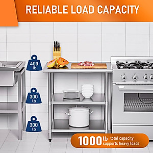 HOCCOT Stainless Steel Table for Prep & Work 24" X 30" inches with 2 Adjustable Shelf, Commercial Workstations, Utility Table in Kitchen Garage Laundry Room Outdoor BBQ