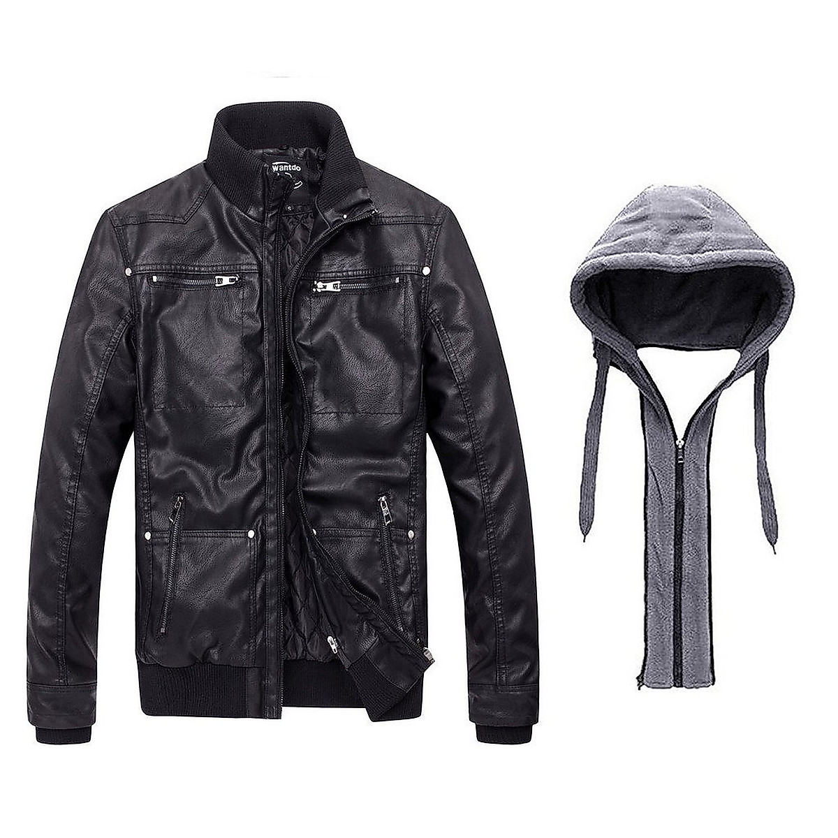 wantdo Men's Faux Leather Jacket Hooded Motorcycle Coat Black XX-Large (Thick)