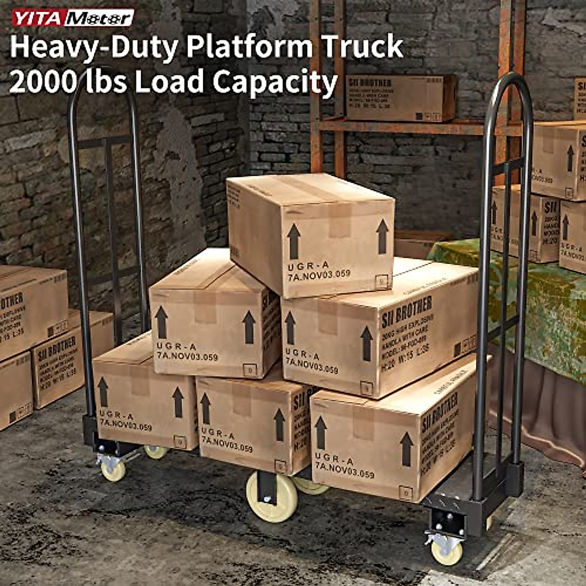 Heavy Duty Narrow Aisle U-Boat Platform Truck Dolly, 60.2 x 15.7 x 60.6 Inch U- Boat Cart with Thick Steel Deck 2000 Lb. Capacity with 6 Casters（4 Swivel Wheels with Brake）