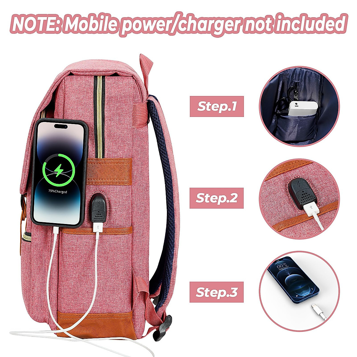 Ronyes Vintage Laptop Backpack for Women Men,15.6 inch Bookbag Casual Daypack with USB Charging Port for College Work, Pink Backpacks