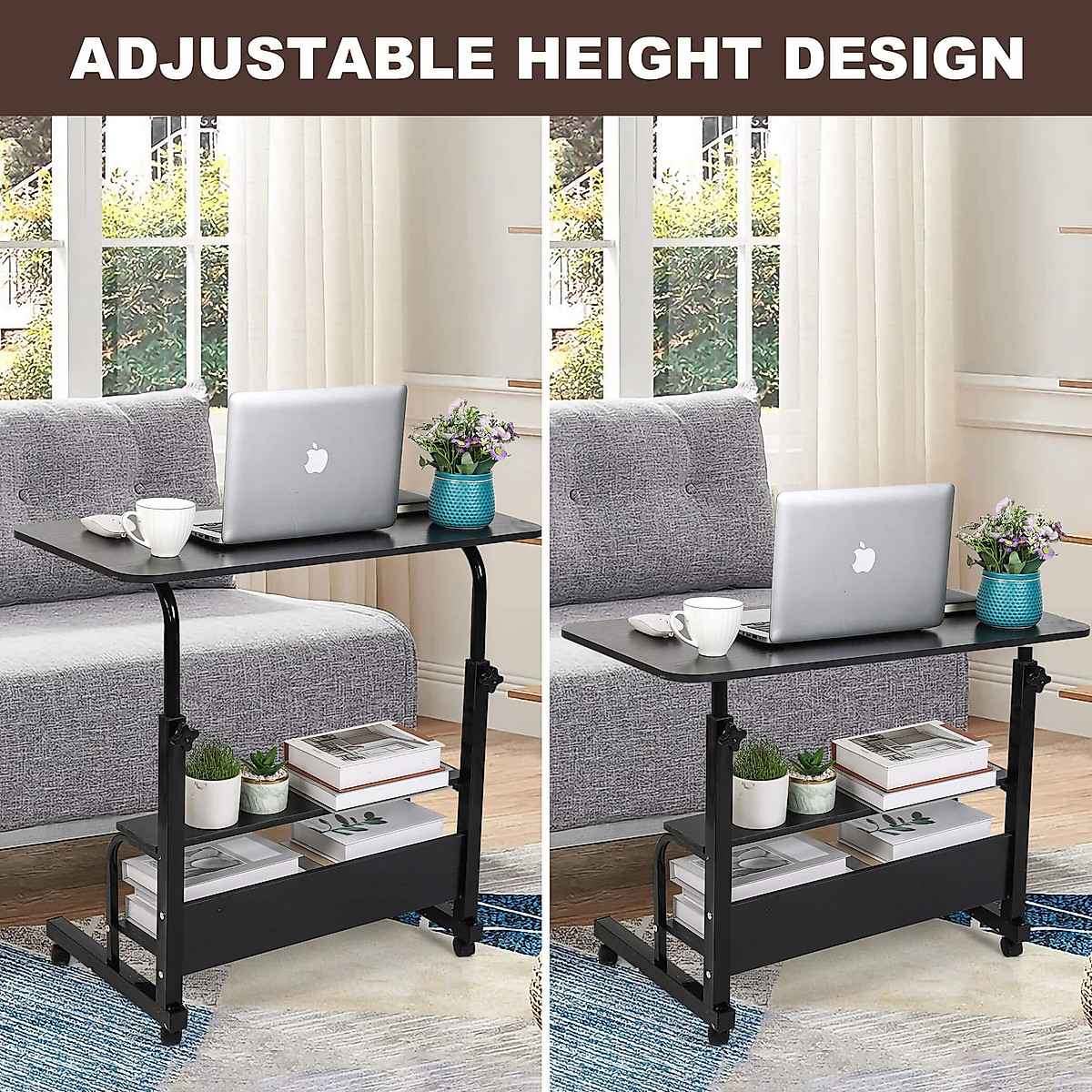 Small Desk for Small Spaces Rolling Adjustable Height Desk Portable Laptop Desk Mobile Bedside Table with Storage Shelf Desk for Small Spaces Mobile Home Office Desk Size 15.7 * 31.5 Inches Black
