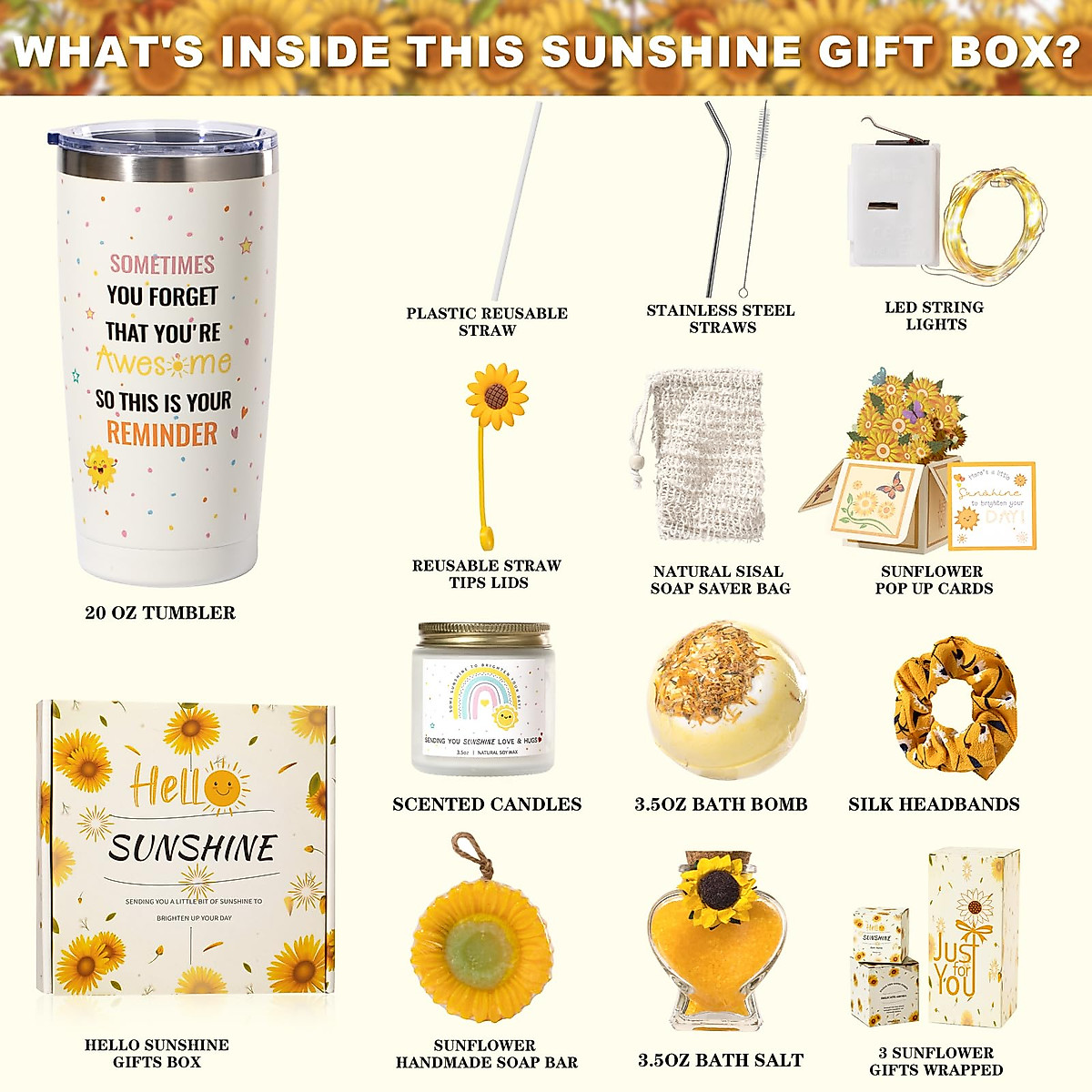 Yseoul Birthday Gifts for Women, Sunflower Gifts Sending Sunshine, 10 Pcs Get Well Soon Gifts Basket Unique Birthday Gifts Box for Thinking of You Her Sister Best Friend