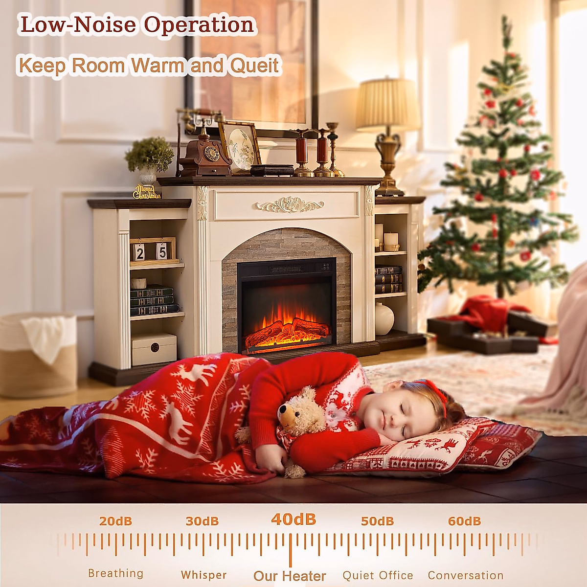 72" Electric Fireplace with Mantel, White TV Stand for TVs Up to 80 Inch, Farmhouse Entertainment Center with Storage for Bedroom,23'' Fireplace Insert Heater for Living Room