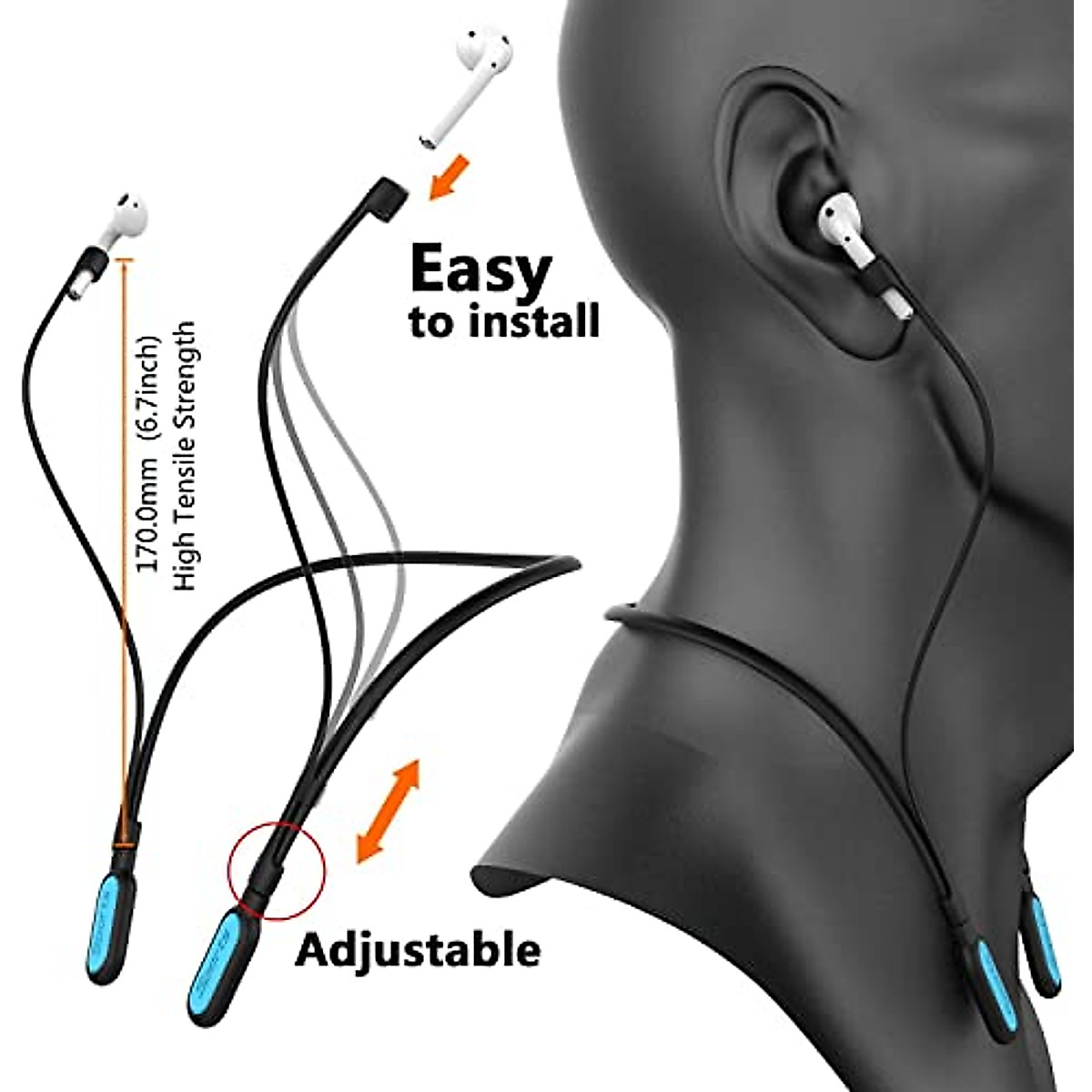 2pcs Silicone Neckband Compatible with Airpods Pro Strap, ROMSEA Anti-Lost Neck Straps Cable Cord Holder Compatible for Apple Airpods pro 2, 3, Pro, 2 & 1 Sports Wire Tether Connector