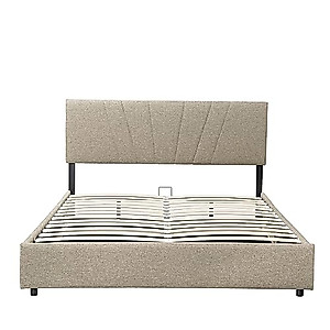 Prohon Queen Size Bed Frame with Hydraulic Storage System & Linen Headboard, Upholstered Platform Bed, Flexible Pull Release, Strong Wooden Support Bedframes for Kids, Teen & Adults, Light Beige