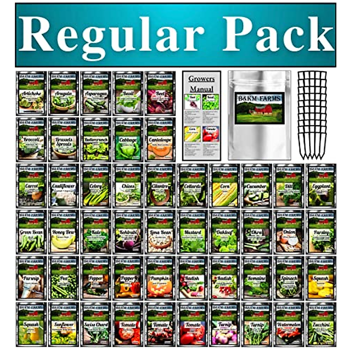 50 Vegetable & Fruit Seeds for Planting Your Outdoor & Indoor Home Seed Garden Gear. 12,500 Seeds, 50 Seed Markers, Growing Guide, & Survival Package. Gardening Heirloom Non-GMO Veggie Seed B&KM Farms