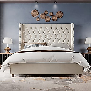 Jocisland Queen Size Upholstered Bed Frame 61.4" High Headborad Velvet Tufted Handmade Pleat Deep Button/Cream