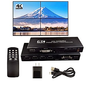 Video Wall Controller, 4K x 2K HD Seamless Splicing Professional Processor with HDMI+DVI+RS232 Input, 4 Way HDMI & SPDIF Output 180 Degree Rotate TV Wall Display 2x2, 1x2, 1x3, 1x4, 2x1, 3x1, 4x1