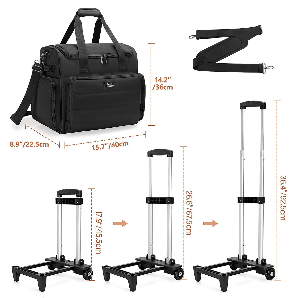 CURMIO Rolling Scrapbook Tote with Wheel, Craft Storage Bag with Expandable File Organizer for Scrapbook Supplies, Albums, Black (Bag Only)