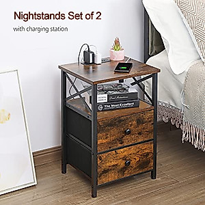 AMHANCIBLE End Table Living Room with Charging Station, Side Table with Fabric Drawer, Small Side Table with USB Ports and Outlets for Small Spaces Rustic Brown and Black HET05XBR1
