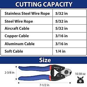 WORKPRO Cable Cutter, 7-1/2 inch Heavy Duty Wire Rope Cutter, Chrome Vanadium Steel Jaw, for Hard Wire Ropes, Steel Wires And Aircraft Cables